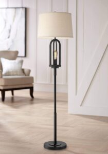 360 lighting marcel industrial rustic farmhouse floor lamp standing 64" tall black with led nightlight light natural linen drum shade for living room reading bedroom office house home decor