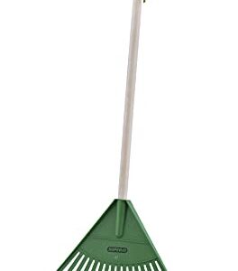 Superio Kids Rake with Hardwood Handle, Gardening and Lawn Care Tools for Kids, Sweep Leaves and Tidying Up The Garden, Plastic Tines and Heavy Duty Wooden Handle 34" (Kid Size, Green, 1-Pack)