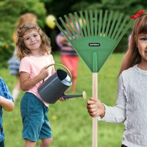 Superio Kids Rake with Hardwood Handle, Gardening and Lawn Care Tools for Kids, Sweep Leaves and Tidying Up The Garden, Plastic Tines and Heavy Duty Wooden Handle 34" (Kid Size, Green, 1-Pack)