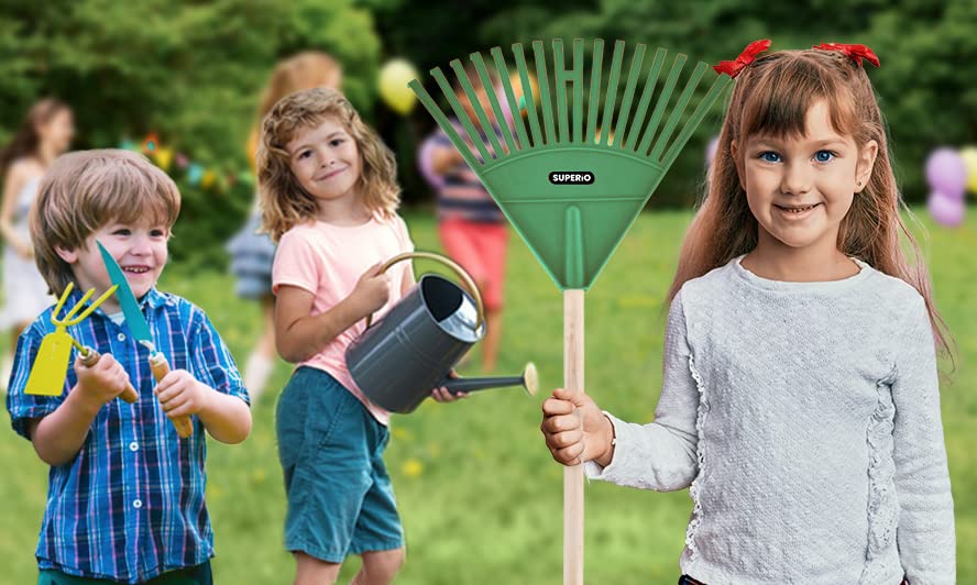 Superio Kids Rake with Hardwood Handle, Gardening and Lawn Care Tools for Kids, Sweep Leaves and Tidying Up The Garden, Plastic Tines and Heavy Duty Wooden Handle 34" (Kid Size, Green, 1-Pack)