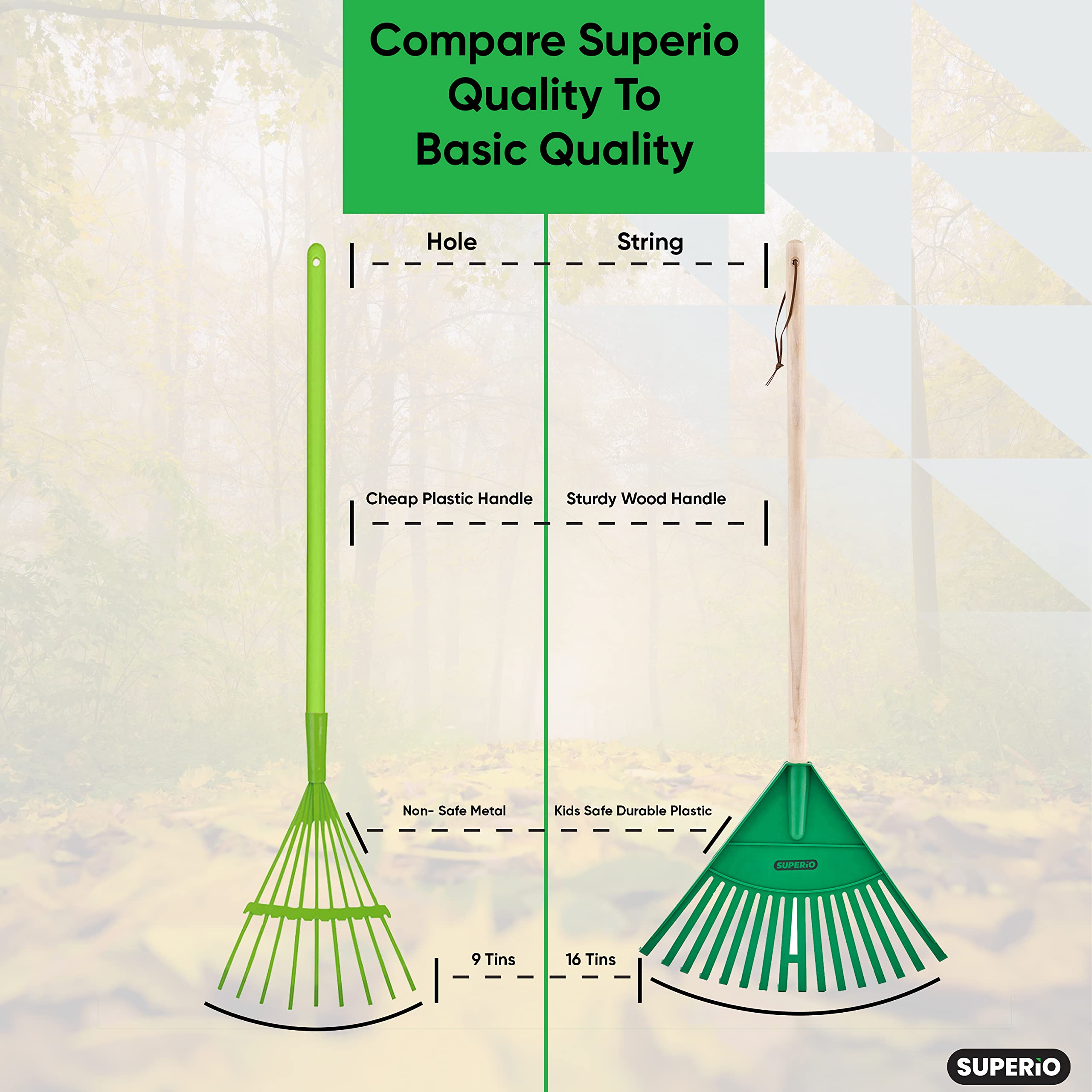 Superio Kids Rake with Hardwood Handle, Gardening and Lawn Care Tools for Kids, Sweep Leaves and Tidying Up The Garden, Plastic Tines and Heavy Duty Wooden Handle 34" (Kid Size, Green, 1-Pack)