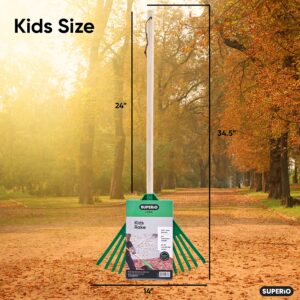 Superio Kids Rake with Hardwood Handle, Gardening and Lawn Care Tools for Kids, Sweep Leaves and Tidying Up The Garden, Plastic Tines and Heavy Duty Wooden Handle 34" (Kid Size, Green, 1-Pack)