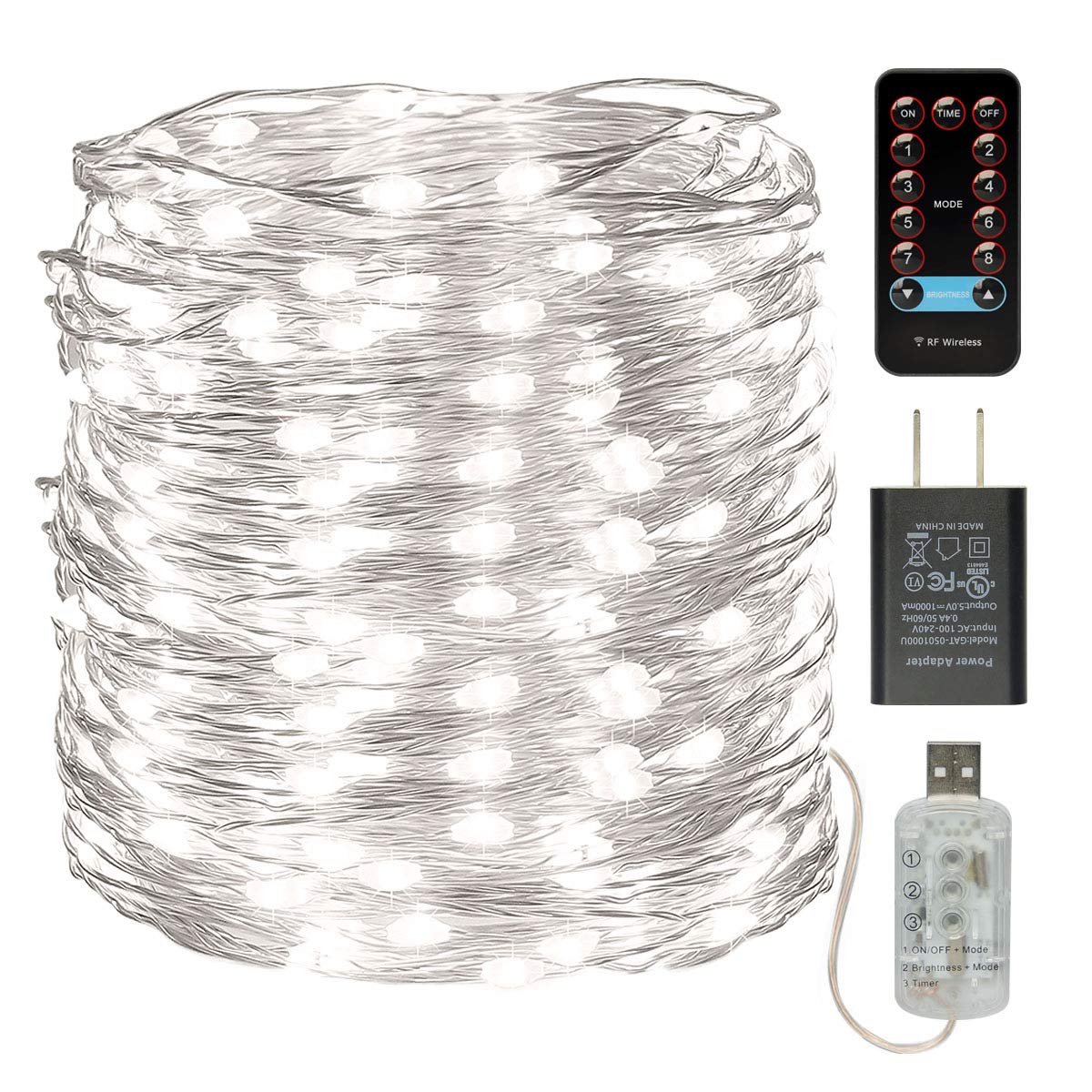 buways 66ft 200LEDs Fairy Lights-USB Plug-in Twinkle String Lights 8 Modes with RF Remote Control Christmas Party Garden Home Decoration(1,Silver Wire-Cool White-66ft)