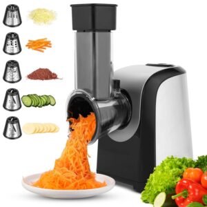 electric cheese grater, 5 in 1 professional cheese grater electric vegetable slicer, rotary electric slicer/shredder spiralizer for veggies, grated carrots, salad, broccoli slaw, cheeses, fruits, 150w