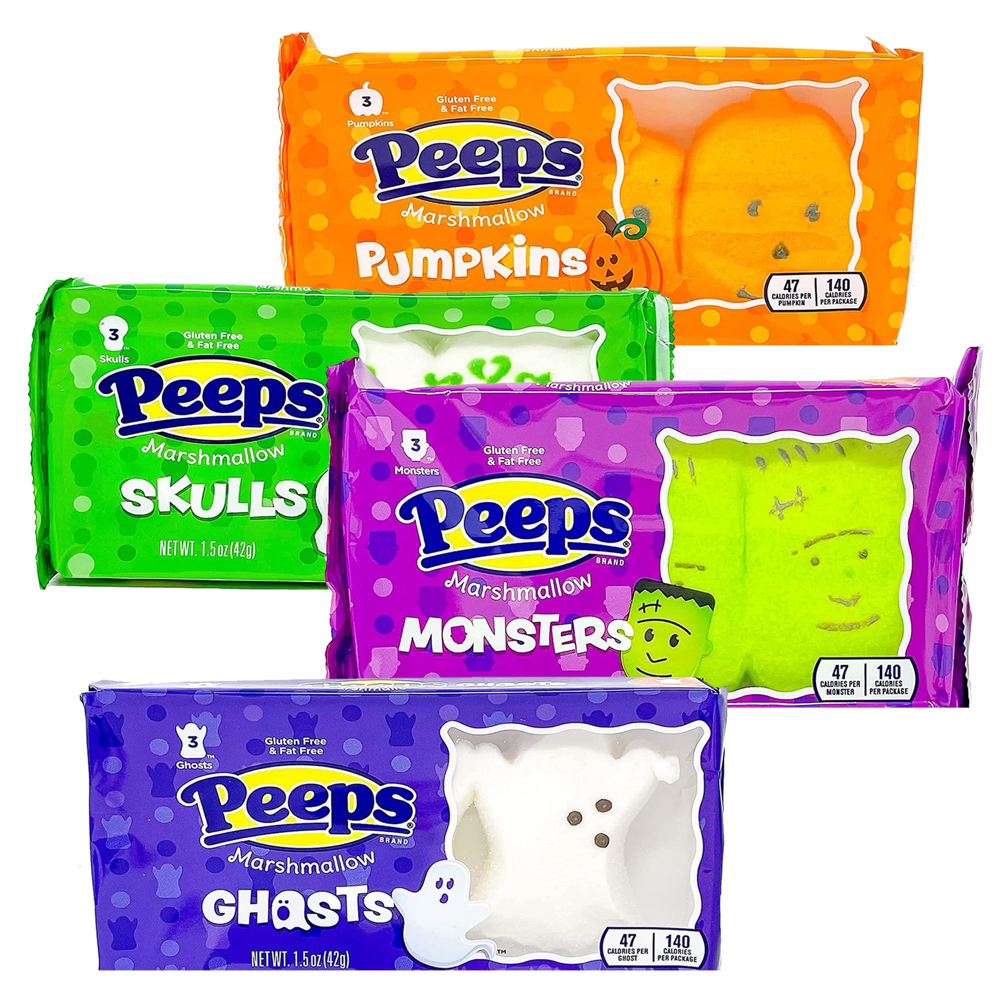 Halloween Peeps Candy Bundle - 4 Pack of Marshmallow Peep's - Perfect Halloween Candy, Fall Candy, Trick Or Treat Candy - Pumpkins, Monsters, Skulls, Ghosts - 7.5 Ounces