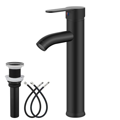 gotonovo Bathroom Sink Faucet Lavatory Vanity Mixer Bar Tap Combo Single Hole Single Handle Deck Mount with Water Supply Lines Matte Black Vessel with Metal Pop Up Drain