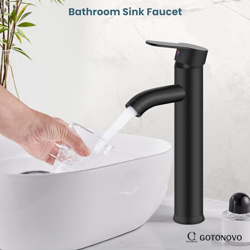 gotonovo Bathroom Sink Faucet Lavatory Vanity Mixer Bar Tap Combo Single Hole Single Handle Deck Mount with Water Supply Lines Matte Black Vessel with Metal Pop Up Drain