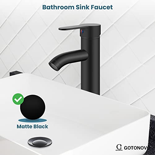 gotonovo Bathroom Sink Faucet Lavatory Vanity Mixer Bar Tap Combo Single Hole Single Handle Deck Mount with Water Supply Lines Matte Black Vessel with Metal Pop Up Drain