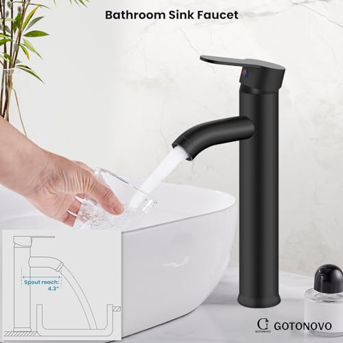 gotonovo Bathroom Sink Faucet Lavatory Vanity Mixer Bar Tap Combo Single Hole Single Handle Deck Mount with Water Supply Lines Matte Black Vessel with Metal Pop Up Drain