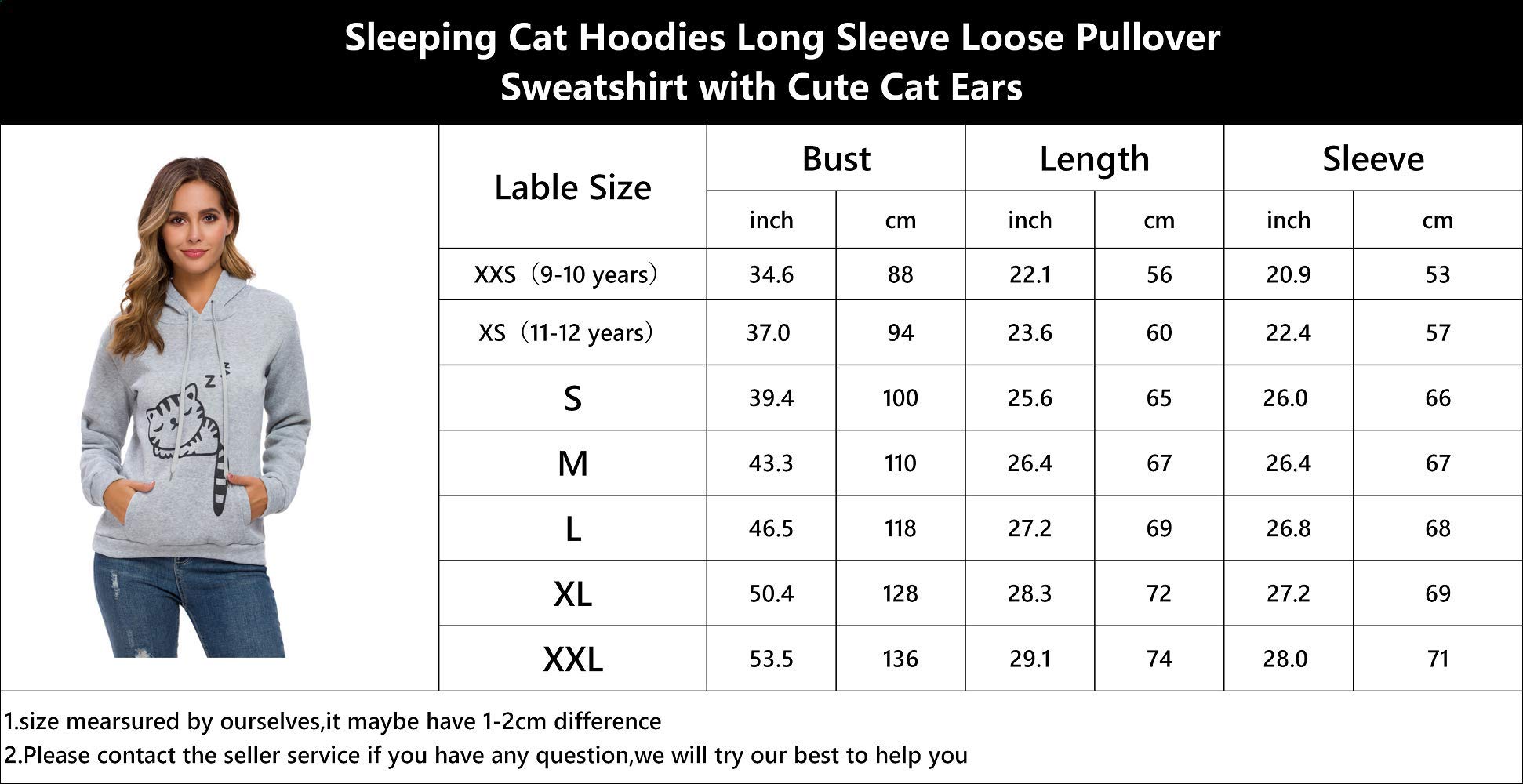 RGOSME Pullover Sweatshirts for Women Kawaii Cat hoodie Kawayii Hoodies for Girls 10-12 (Grey,XS)