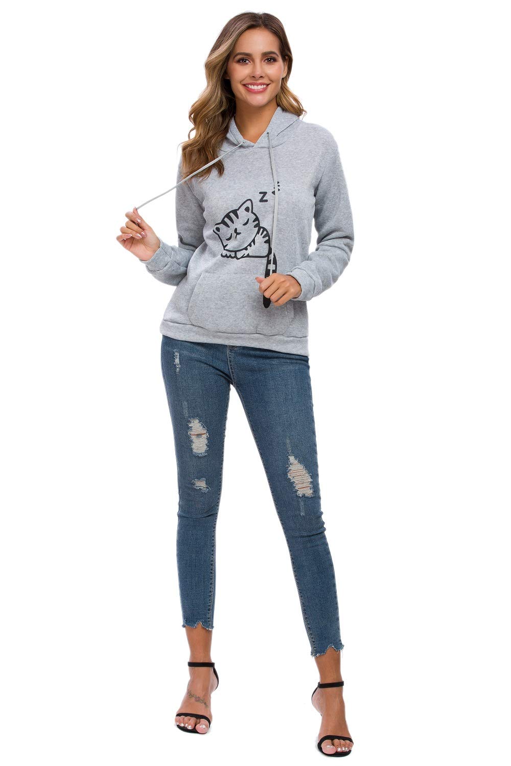 RGOSME Pullover Sweatshirts for Women Kawaii Cat hoodie Kawayii Hoodies for Girls 10-12 (Grey,XS)