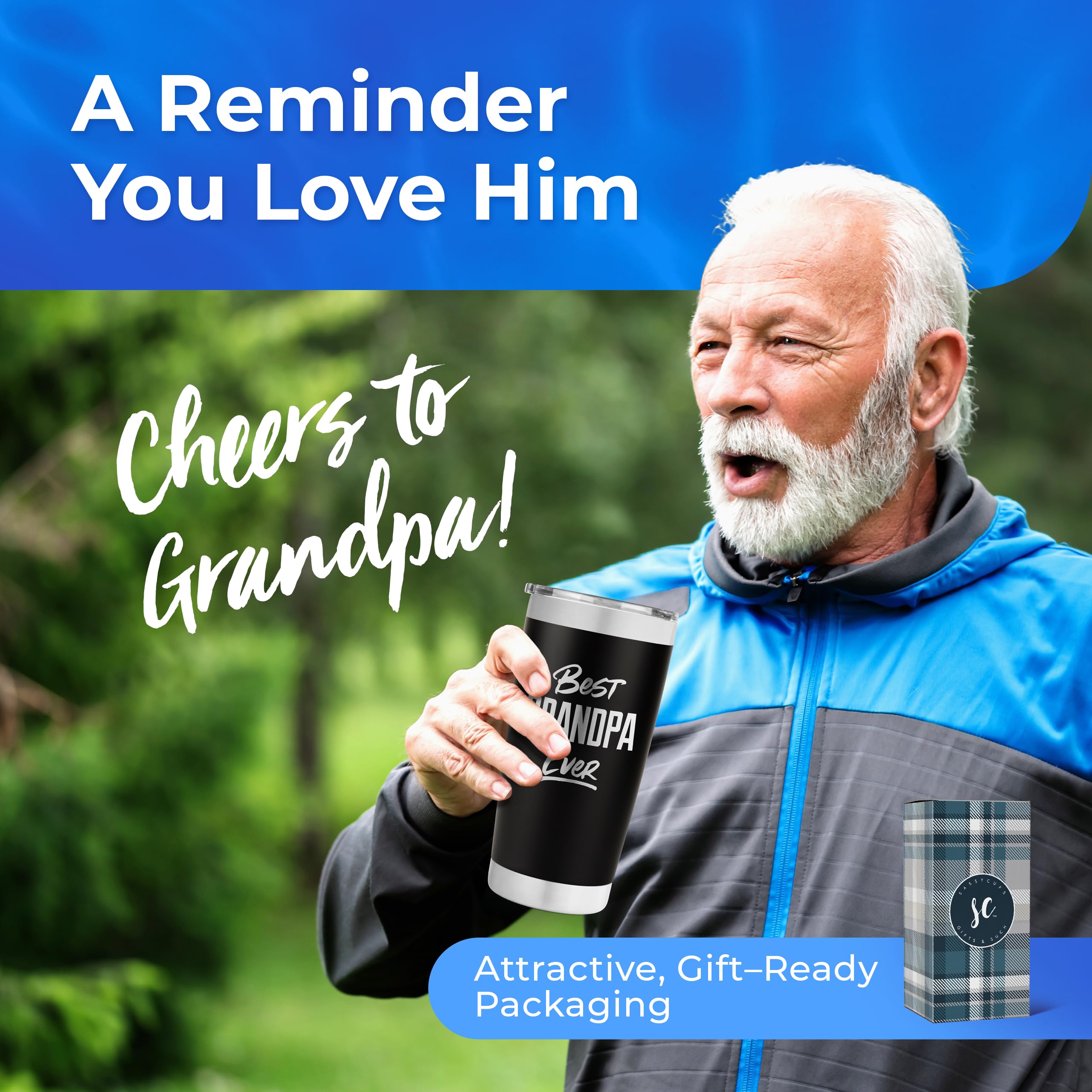 SassyCups Best Grandpa Ever Tumbler - For Grandpa - Best Grandpa Gifts - Personalized Vacuum Insulated Coffee Tumbler Cup - Stainless Steel Travel Mug With Lid - Grandpa