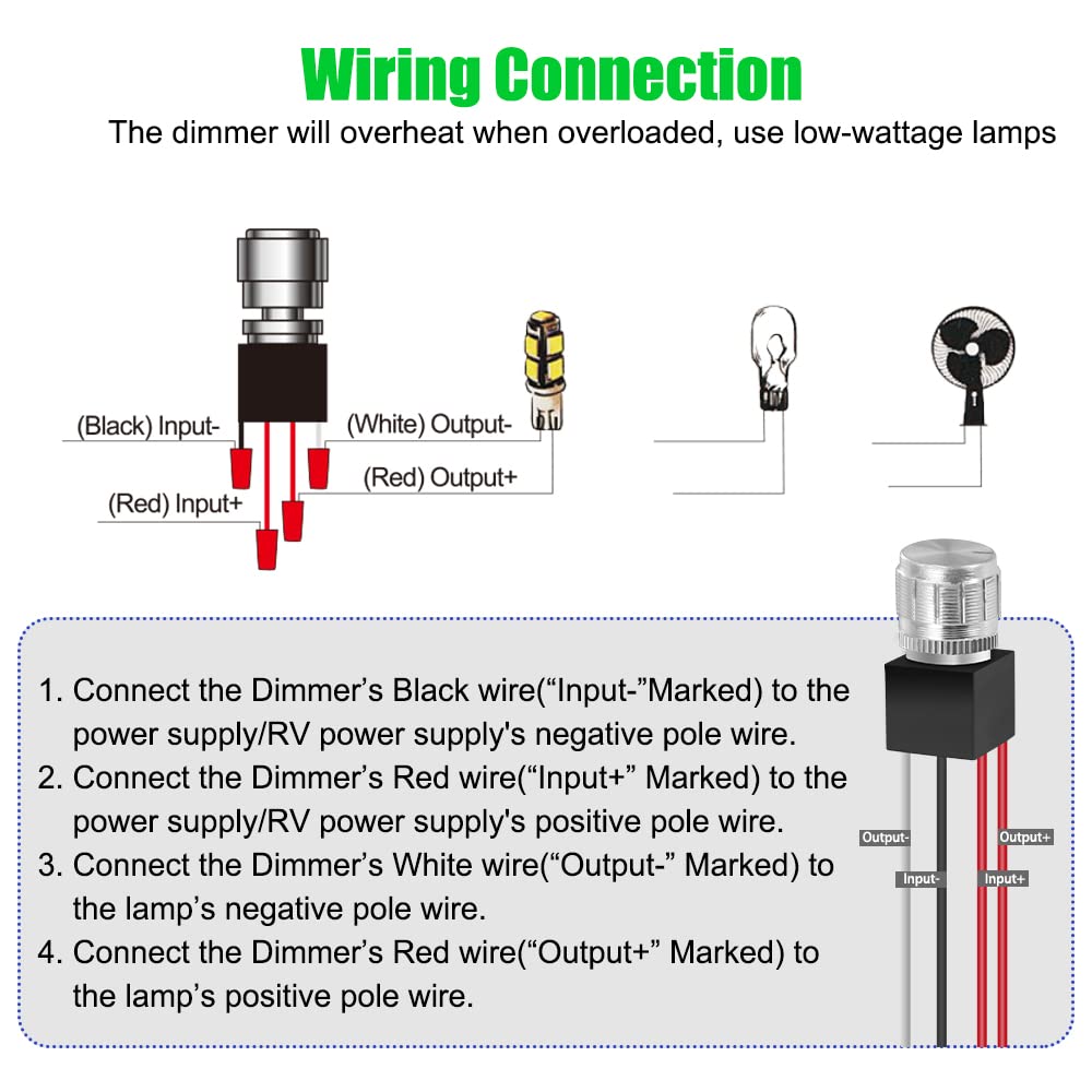 Greenclick 12V DC Dimmer Switch, 5-24 Volts Dimmer Switch PWM Waterproof for LED RV Lights Interior, Ceiling Lights, Halogen, Incandescent, Auto, Truck, Marine, Strip Lighting - Long Shaft