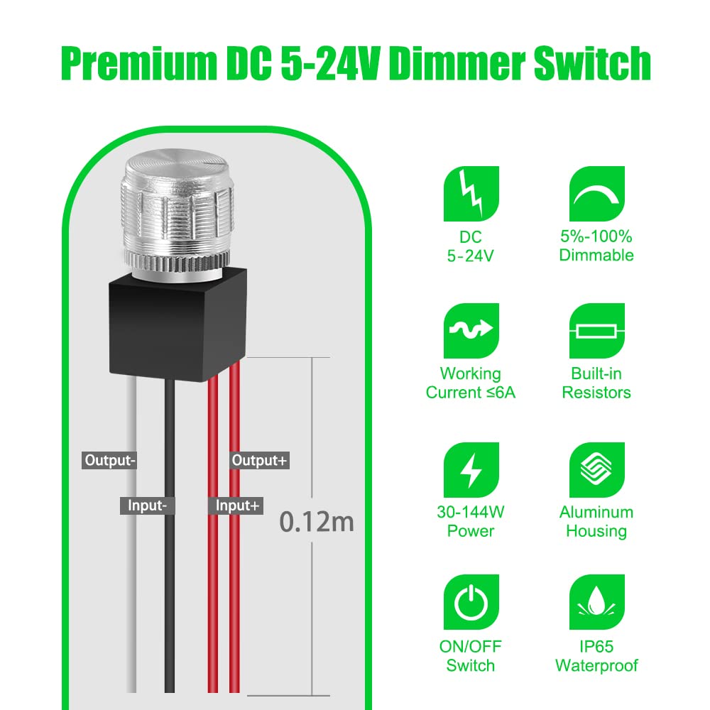 Greenclick 12V DC Dimmer Switch, 5-24 Volts Dimmer Switch PWM Waterproof for LED RV Lights Interior, Ceiling Lights, Halogen, Incandescent, Auto, Truck, Marine, Strip Lighting - Long Shaft