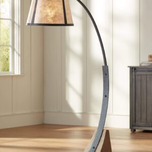 Franklin Iron Works Oak River Rustic Farmhouse Mission Style Arched Floor Lamp 66.5" Tall Dark Gray Black Wood Standing Base Mica Drum Shade for Living Room Reading House Bedroom Home Office