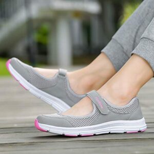 HSINYA Women's Breathable Mary Jane Walking Shoes Lightweight Lady Casual Sneakers Non Slip Flat Shoes Grey/Pink 10.5