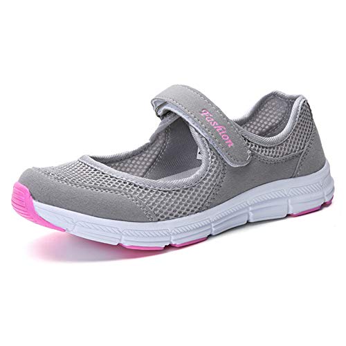 HSINYA Women's Breathable Mary Jane Walking Shoes Lightweight Lady Casual Sneakers Non Slip Flat Shoes Grey/Pink 10.5