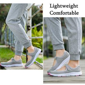 HSINYA Women's Breathable Mary Jane Walking Shoes Lightweight Lady Casual Sneakers Non Slip Flat Shoes Grey/Pink 10.5