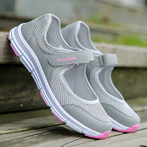 HSINYA Women's Breathable Mary Jane Walking Shoes Lightweight Lady Casual Sneakers Non Slip Flat Shoes Grey/Pink 10.5