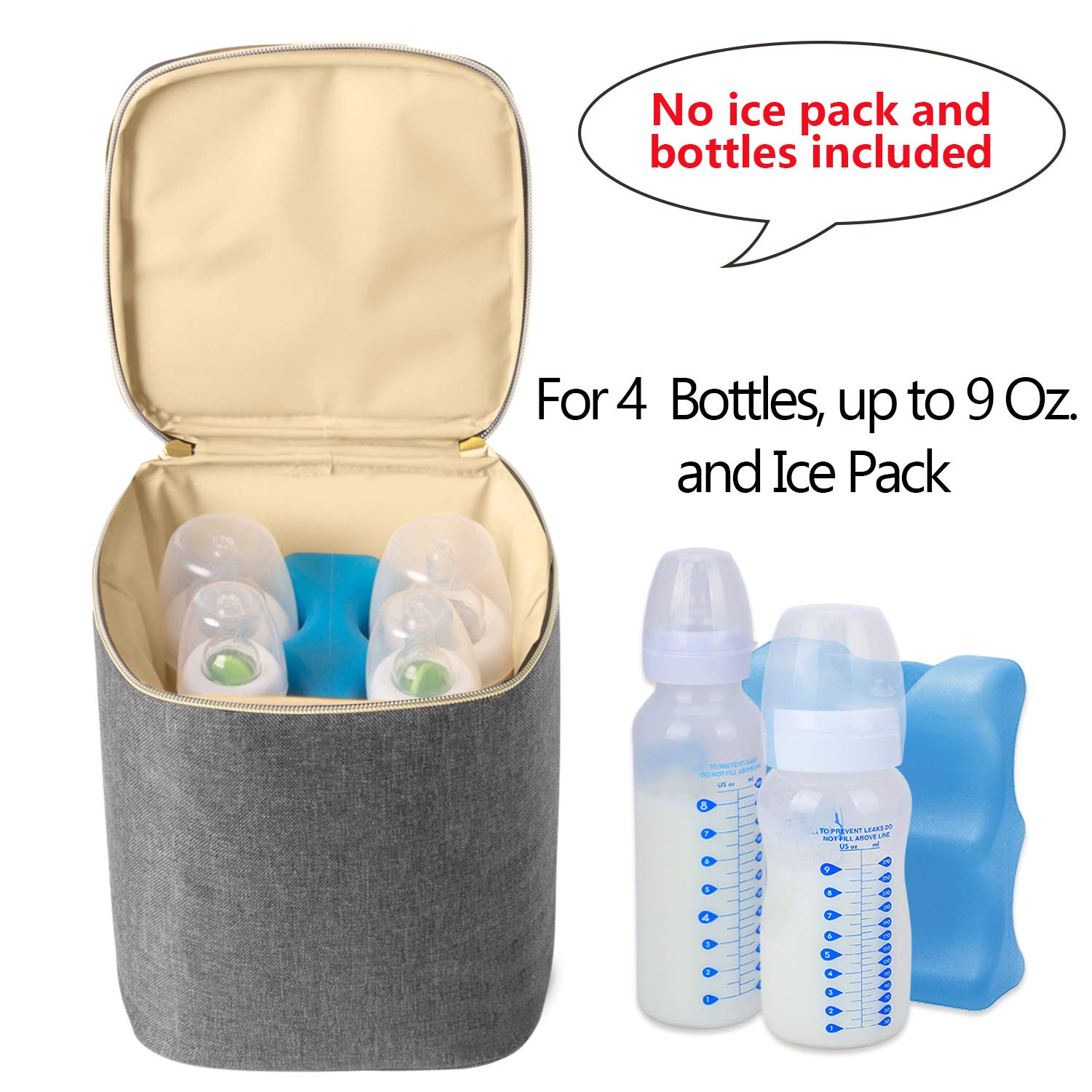 Teamoy Breastmilk Cooler Bag, Baby Bottles Bag for up to 4 Large 9 Ounce Bottles, Perfect for Working Mom Mother, (Bag ONLY), Gray