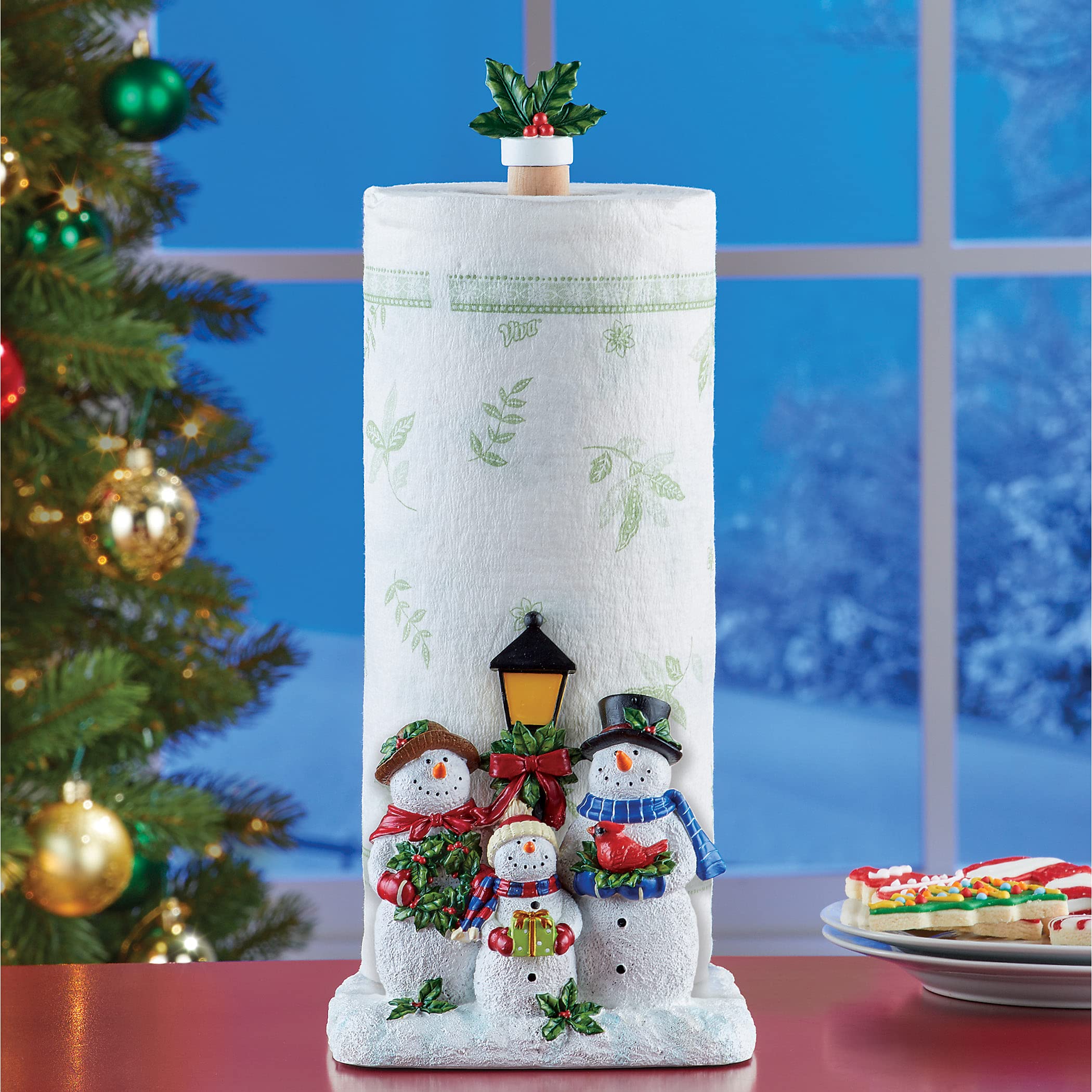 Collections Etc Cheerful Snowmen Family Kitchen Paper Towel Holder - Festive Holiday Decoration for Kitchen