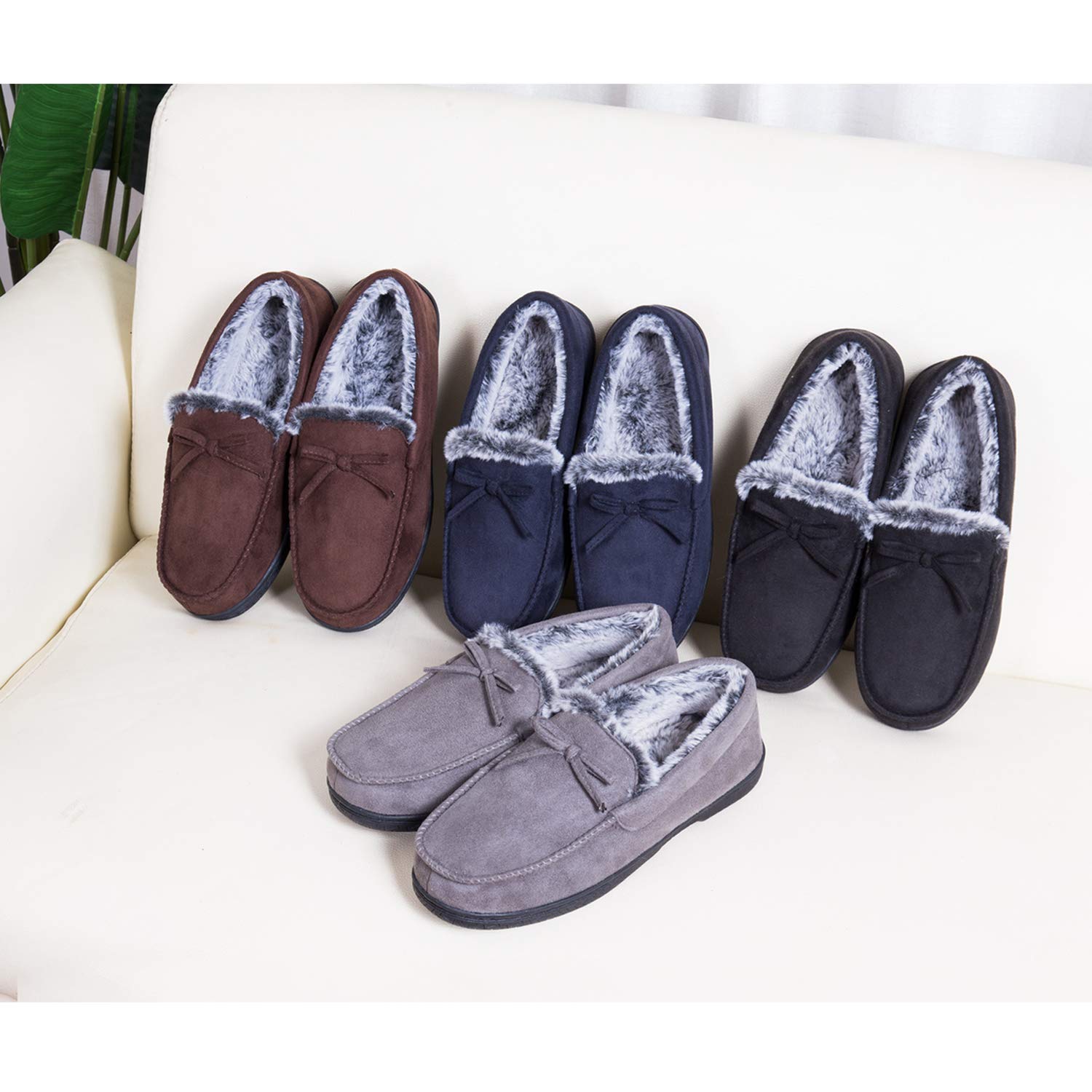 DL Men-Moccasin-Slippers-Indoor-Outdoor, Suede Mens House slippers with Memory Foam, Faux Fur Lining Bedroom Slippers for Men Non slip Outsole