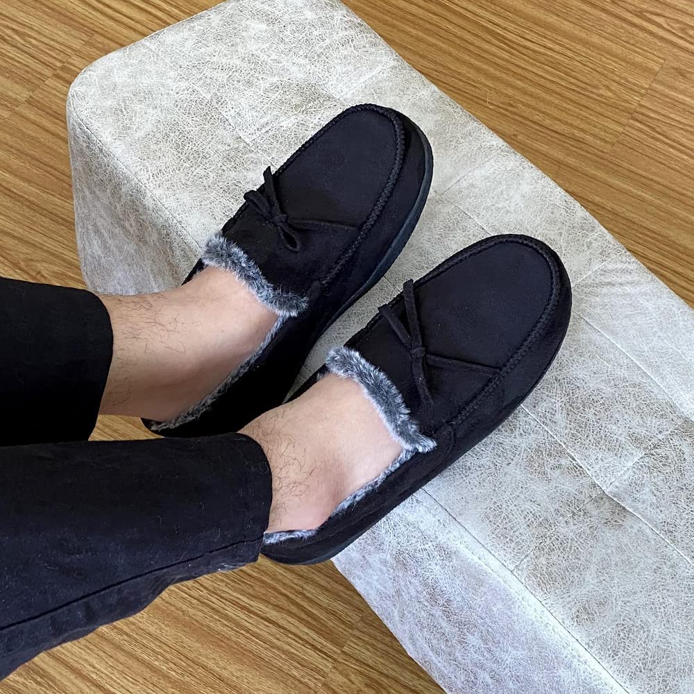 DL Men-Moccasin-Slippers-Indoor-Outdoor, Suede Mens House slippers with Memory Foam, Faux Fur Lining Bedroom Slippers for Men Non slip Outsole