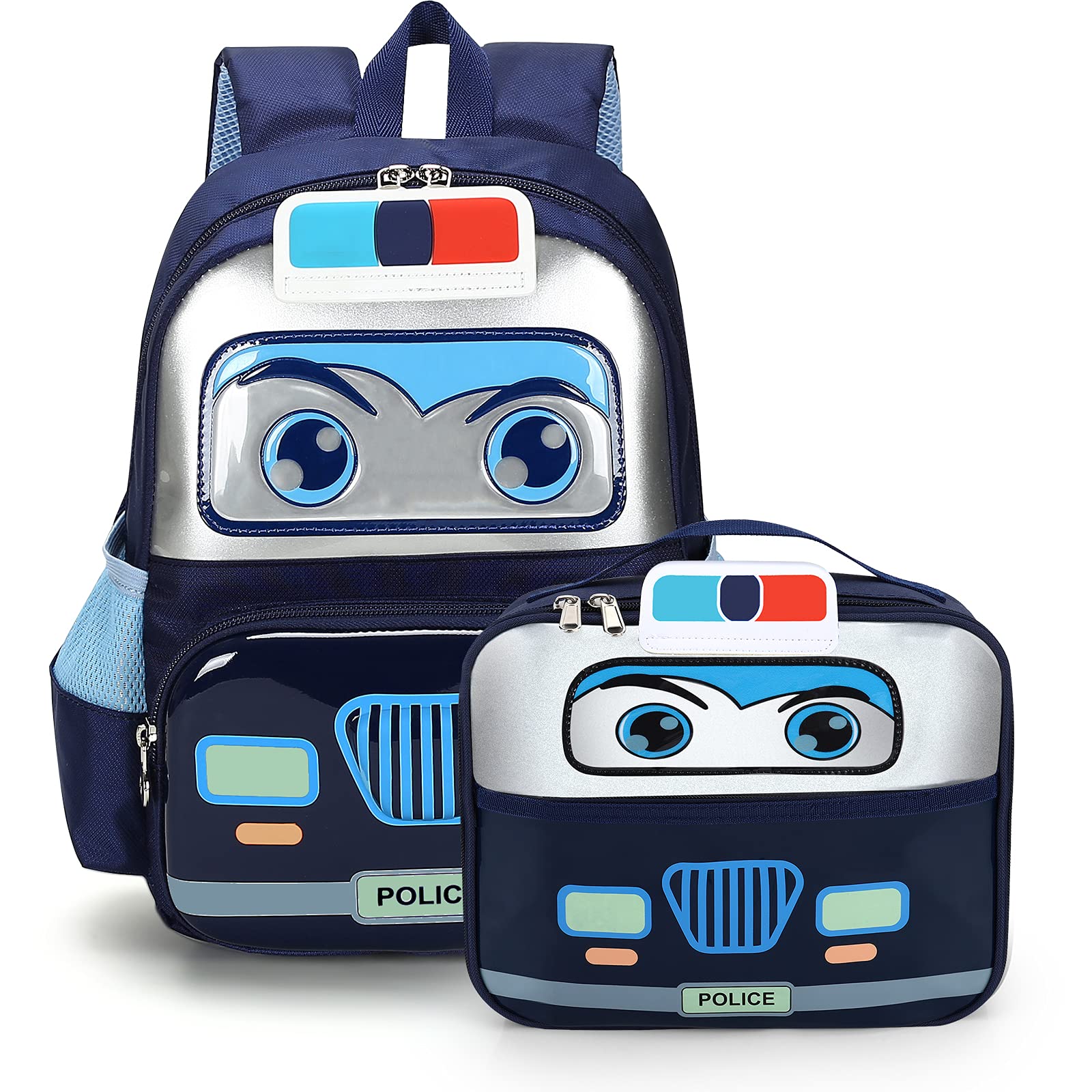 RuRu monkey Police Car Preschool Backpack Set for Boys - 3D Cartoon Kids School Bookbag with Lunch Box (Ages 3-6) - Fun, Comfortable, Water-Resistant and Durable