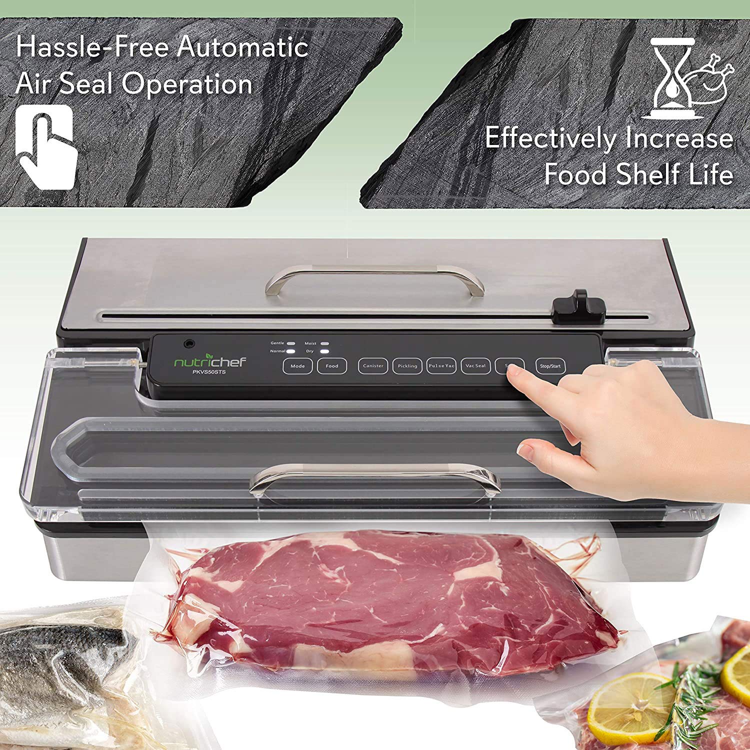 NutriChef PKVS50STS Commercial Grade Vacuum Sealer Machine-400W Automatic Double Piston Pump Air Machine Meat Packing Storage Preservation Sous Vide w/Dry Wet Seal, Vac Roll Bags, Extra Large, Silver