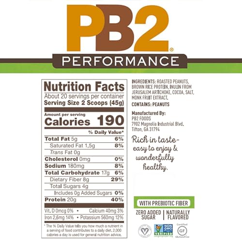 PB2 Performance Peanut Protein Powder with Dutch Cocoa – [2 lb/32 oz Jar] – 20g of Vegan Plant Based Protein Powder, Non GMO, Gluten Free, Non Dairy