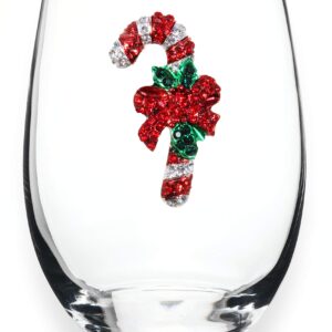 THE QUEENS' JEWELS Candy Cane Limited Edition Jeweled Stemless Wine Glass, 21 oz. - Unique Gift for Women, Birthday, Cute, Fun, Not Painted, Decorated, Bling, Bedazzled, Rhinestone