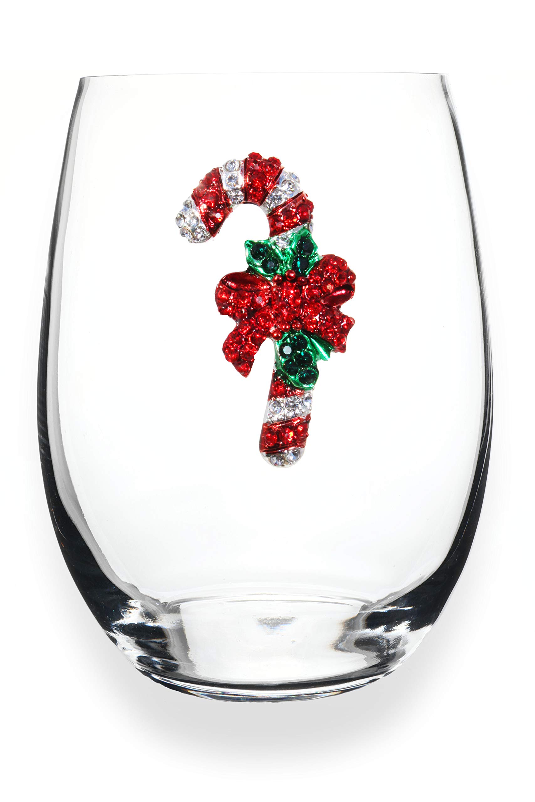 THE QUEENS' JEWELS Candy Cane Limited Edition Jeweled Stemless Wine Glass, 21 oz. - Unique Gift for Women, Birthday, Cute, Fun, Not Painted, Decorated, Bling, Bedazzled, Rhinestone