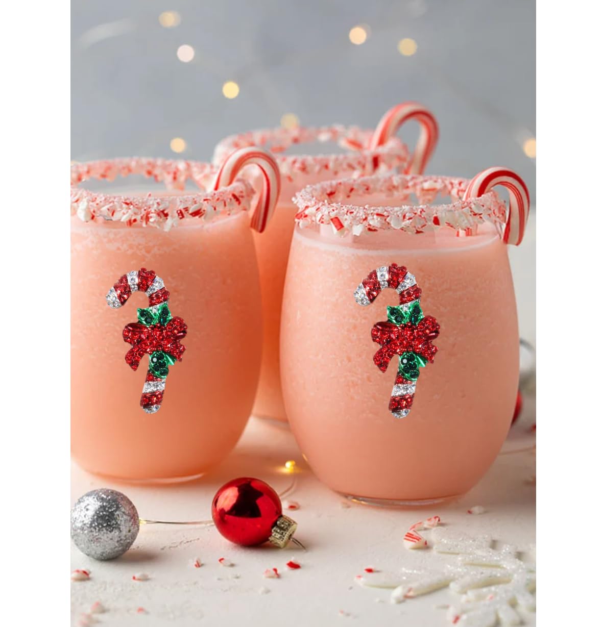 THE QUEENS' JEWELS Candy Cane Limited Edition Jeweled Stemless Wine Glass, 21 oz. - Unique Gift for Women, Birthday, Cute, Fun, Not Painted, Decorated, Bling, Bedazzled, Rhinestone