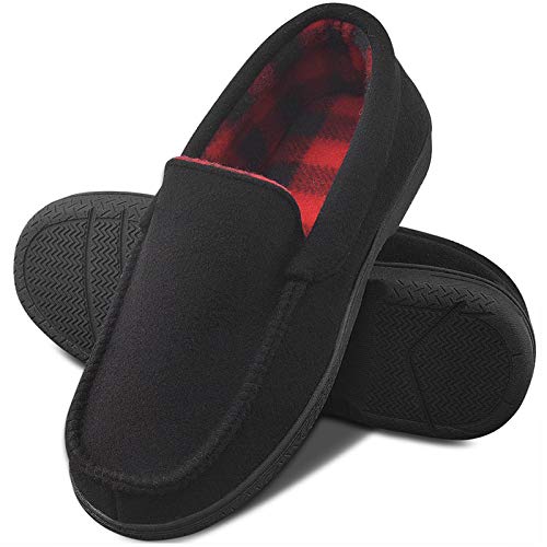 DL Men's Memory Foam Moccasin Slippers Breathable Moccasin Slippers Micro Wool House Shoes Anti-Slip Sole Indoor Outdoor, Black, 10