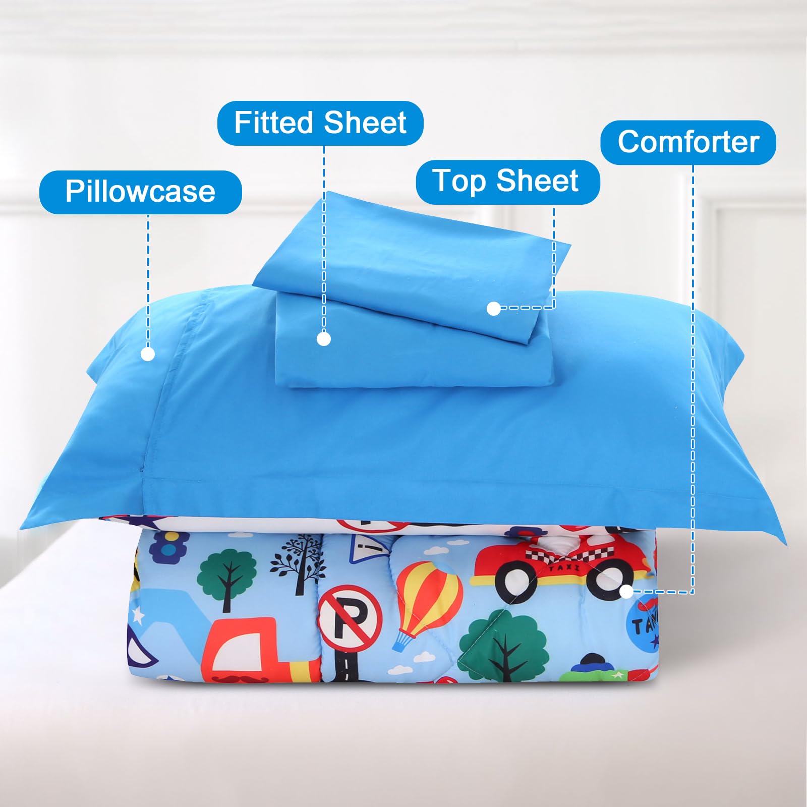 Wowelife Car Toddler Bedding Sets for Boys Blue, Premium 4 Piece Car Toddler Bed Sets for Boys and Girls, Super Soft and Comfortable for Toddler(Transportation)