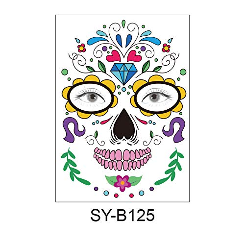 Kotbs 9 Sheets Day of the Died Skeleton Face Tattoo Stickers, Glitter Red Roses Temporary Tattoos for Men Women Halloween Costume Accessories and Parties