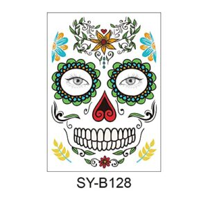 Kotbs 9 Sheets Day of the Died Skeleton Face Tattoo Stickers, Glitter Red Roses Temporary Tattoos for Men Women Halloween Costume Accessories and Parties