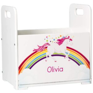 fox valley traders personalized kids wooden book caddy, customized children’s book storage bin, unicorn design