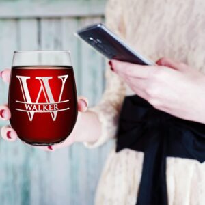 Cuptify Initial Monogram with Name Etched on 17 oz Stemless Wine Glass Engraved Personalized Gifts for Men and Women