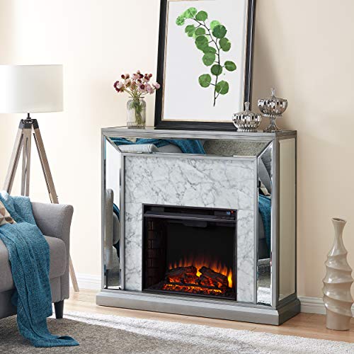 SEI Furniture Trandling Mirrored & Faux Electric Fireplace, Antique Silver/White Marble (AMZ9537201EF)