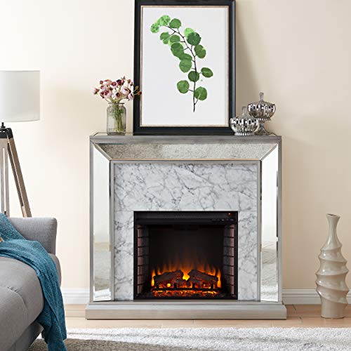 SEI Furniture Trandling Mirrored & Faux Electric Fireplace, Antique Silver/White Marble (AMZ9537201EF)