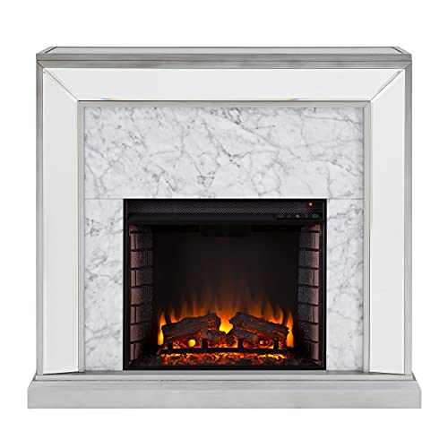 SEI Furniture Trandling Mirrored & Faux Electric Fireplace, Antique Silver/White Marble (AMZ9537201EF)