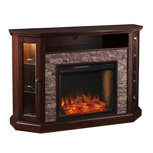 SEI Furniture Redden Faux Stone Convertible Alexa-Enabled Electric Media Storage Corner Fireplace, Espresso