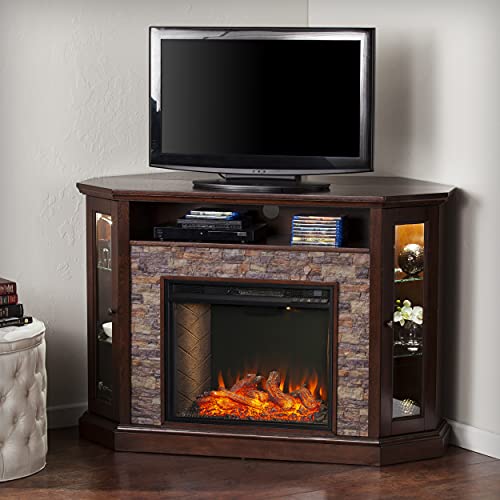 SEI Furniture Redden Faux Stone Convertible Alexa-Enabled Electric Media Storage Corner Fireplace, Espresso