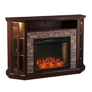 SEI Furniture Redden Faux Stone Convertible Alexa-Enabled Electric Media Storage Corner Fireplace, Espresso