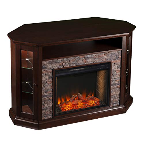 SEI Furniture Redden Faux Stone Convertible Alexa-Enabled Electric Media Storage Corner Fireplace, Espresso