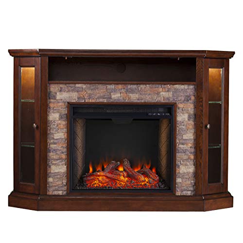 SEI Furniture Redden Faux Stone Convertible Alexa-Enabled Electric Media Storage Corner Fireplace, Espresso