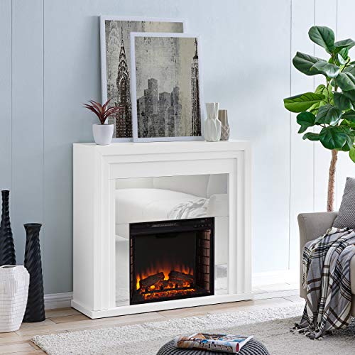 SEI Furniture Stadderly Mirrored Electric Fireplace, White-Silver