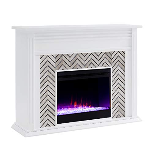 SEI Furniture Hebbington Carrara Marble Tiled Color Changing Electric Fireplace, White-Gray