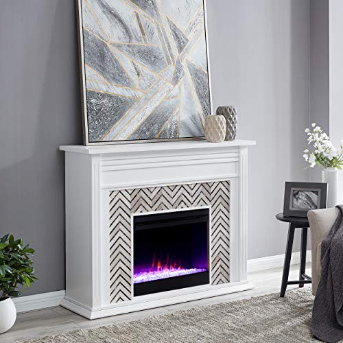 SEI Furniture Hebbington Carrara Marble Tiled Color Changing Electric Fireplace, White-Gray